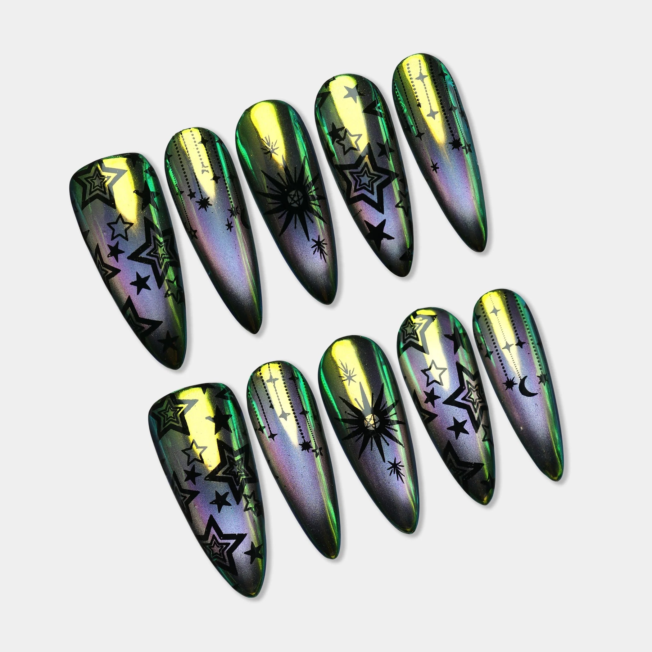 Astral Hex – Holographic Star Cat Eye Press-On Nails | Donailsart